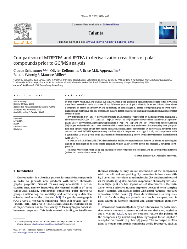(PDF) Comparison of MTBSTFA and BSTFA in derivatization reactions of ...