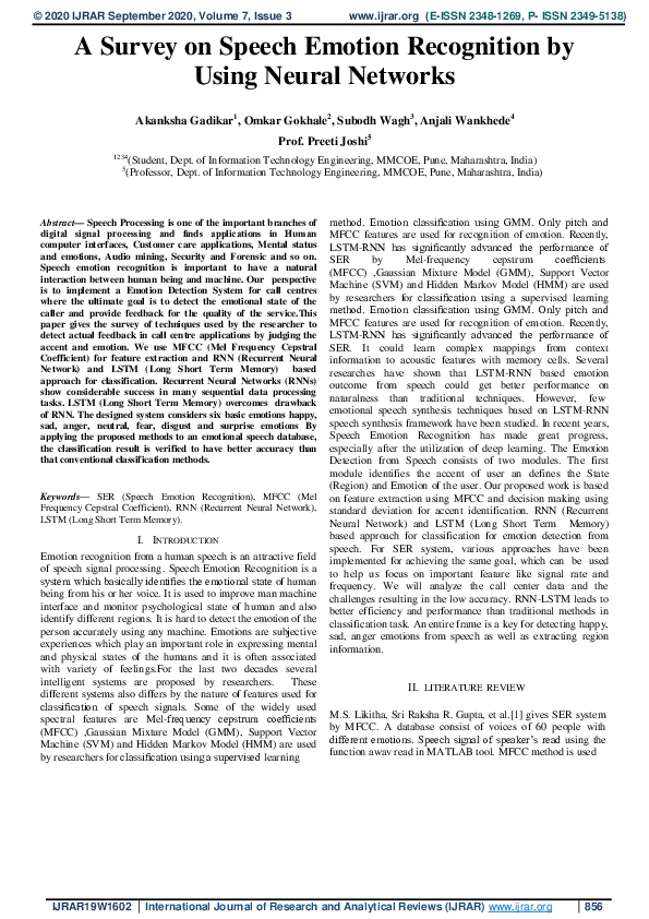 (PDF) A Survey on Speech Emotion Recognition by Using Neural Networks