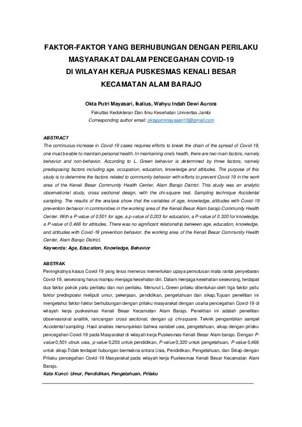 (PDF) Faktor-Faktor Yang Berhubungan Dengan Perilaku Masyarakat Dalam Pencegahan COVID-19 DI ...