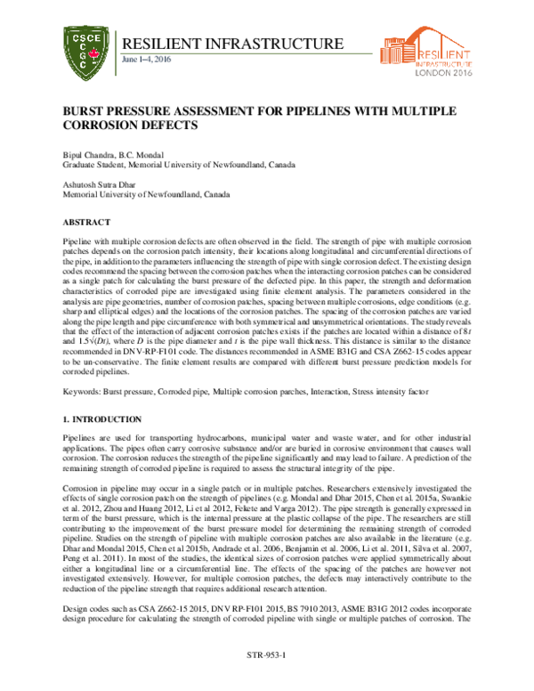 (PDF) STR-953: Burst Pressure Assessment for Pipelines with Multiple Corrosion Defects