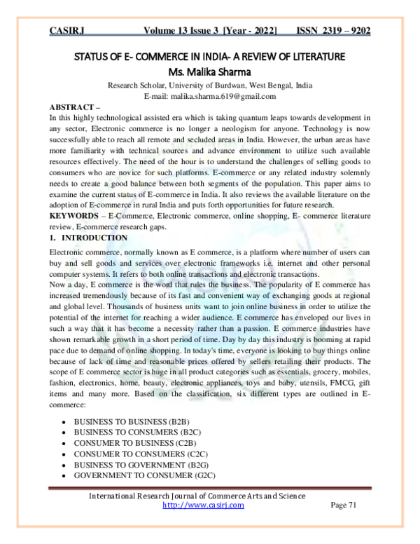 (PDF) STATUS OF E-COMMERCE IN INDIA-A REVIEW OF LITERATURE