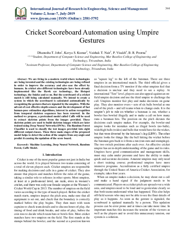 (PDF) Cricket Scoreboard Automation using Umpire Gestures