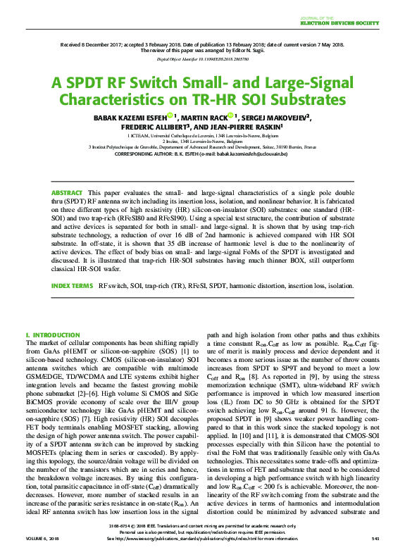 (PDF) A SPDT RF Switch Small- and Large-Signal Characteristics on TR-HR ...