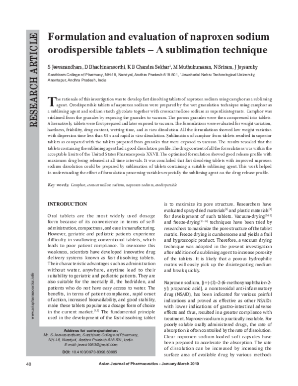 Pdf Formulation And Evaluation Of Naproxen Sodium Orodispersible Tablets A Sublimation Technique
