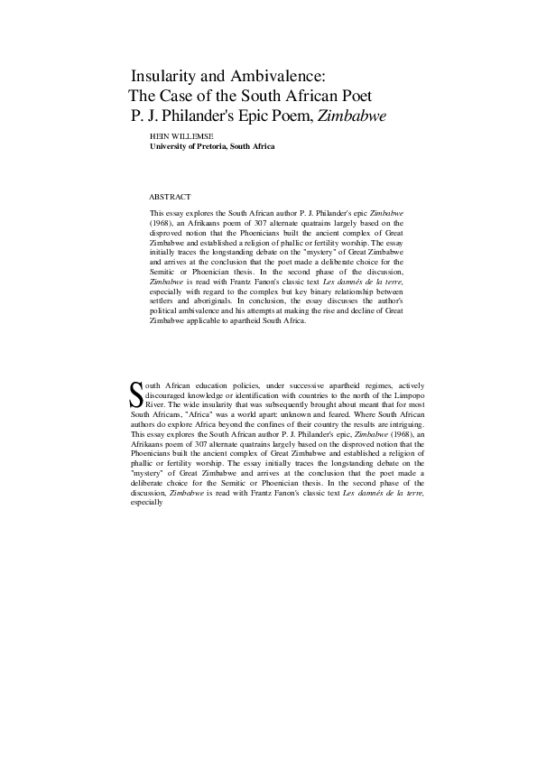 (PDF) Insularity and Ambivalence: The Case of the South African Poet P ...