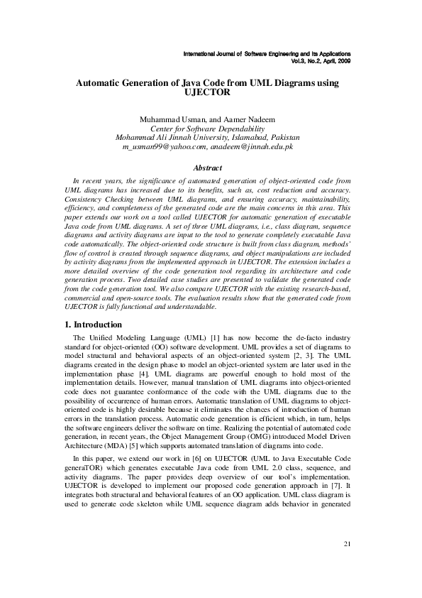 (PDF) Automatic generation of Java code from UML diagrams using UJECTOR
