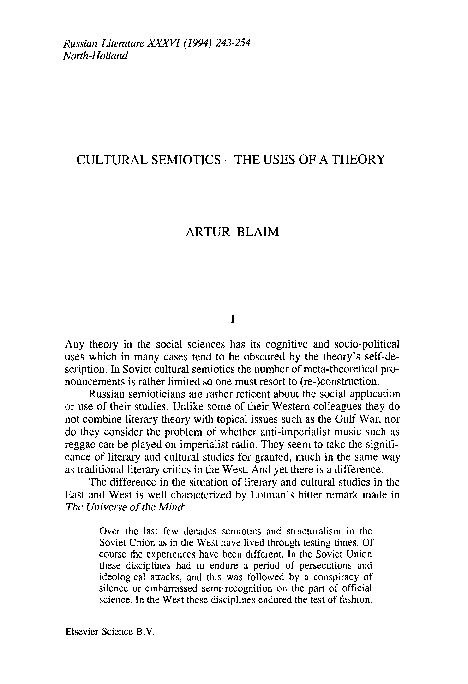 (PDF) Cultural Semiotics — The Uses of a Theory