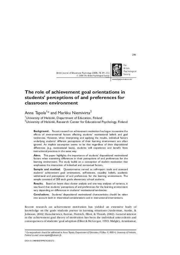 (PDF) The role of achievement goal orientations in students' perceptions of and preferences for ...