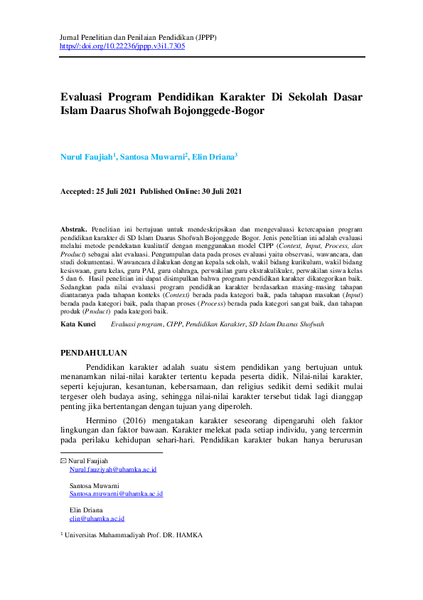 (PDF) Evaluasi Program Pendidikan Karakter Di Sekolah Dasar Islam Daarus Shofwah Bojonggede ...