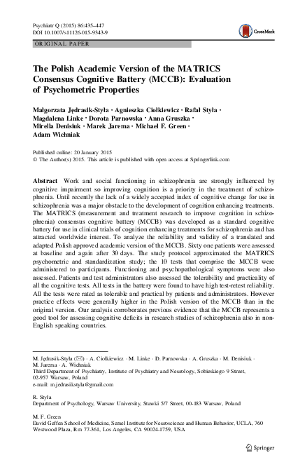 (PDF) The Polish Academic Version of the MATRICS Consensus Cognitive ...