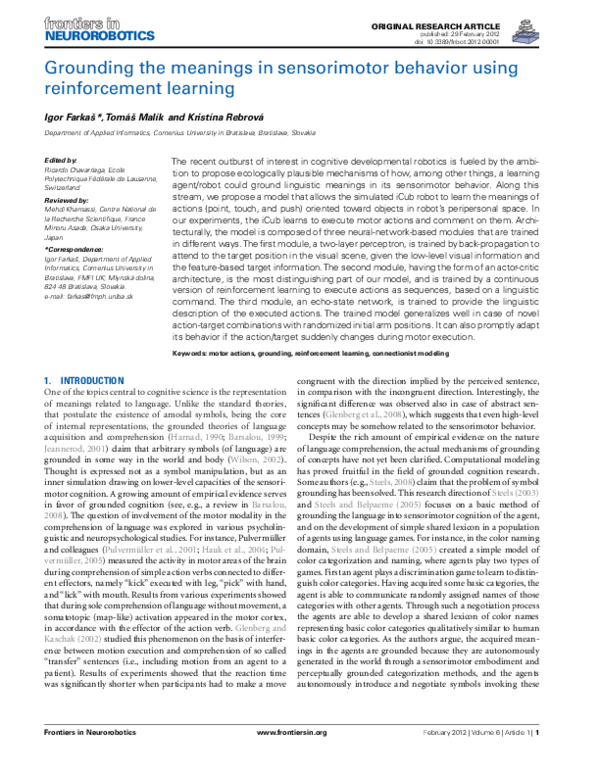 (PDF) Grounding the Meanings in Sensorimotor Behavior using Reinforcement Learning