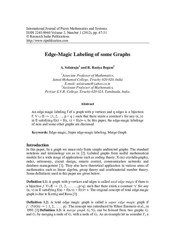 (PDF) Edge-Magic Labeling of Some Graphs