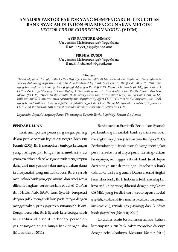 (PDF) Analisis Faktor-Faktor Yang Mempengaruhi Likuiditas Bank Syariah DI Indonesia Menggunakan ...