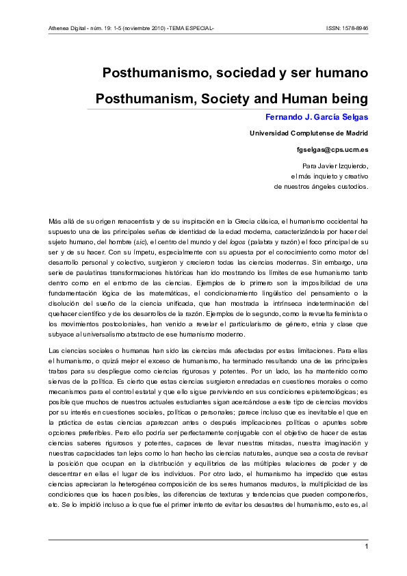 (PDF) Posthumanism, Society and Human being. Presentation
