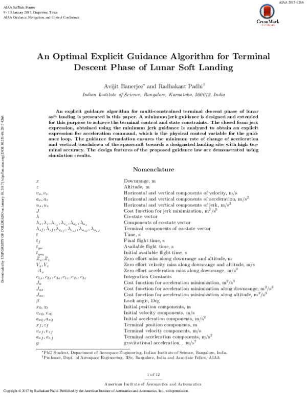 Pdf An Optimal Explicit Guidance Algorithm For Terminal Descent Phase