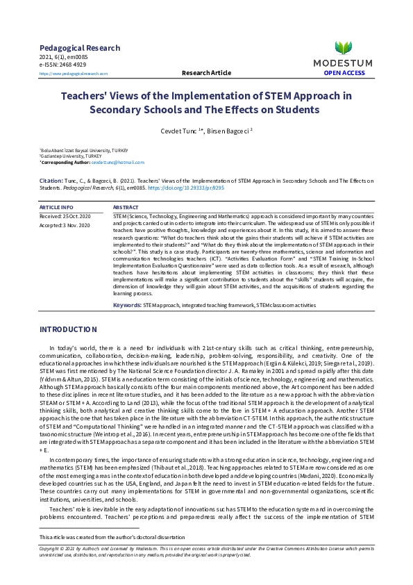 (PDF) Teachers' Views of the Implementation of STEM Approach in Secondary Schools and The ...