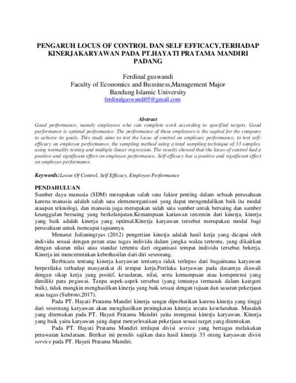 (PDF) PENGARUH LOCUS OF CONTROL DAN SELF EFFICACY,TERHADAP KINERJAKARYAWAN PADA PT.HAYATI ...