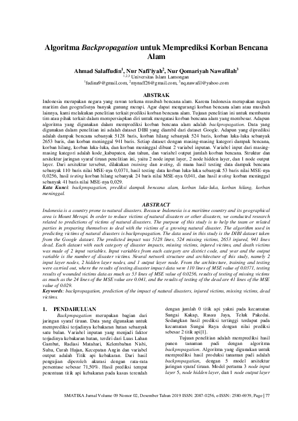 Pdf Algoritma Backpropagation Untuk Memprediksi Korban Bencana Alam