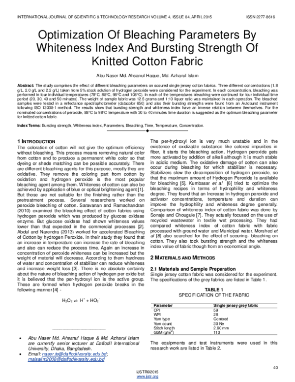 (PDF) Optimization Of Bleaching Parameters By Whiteness Index And Bursting Strength Of Knitted ...
