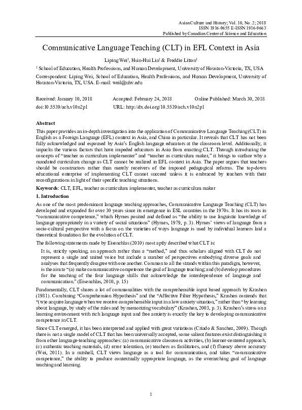 (PDF) Communicative Language Teaching (CLT) in EFL Context in Asia