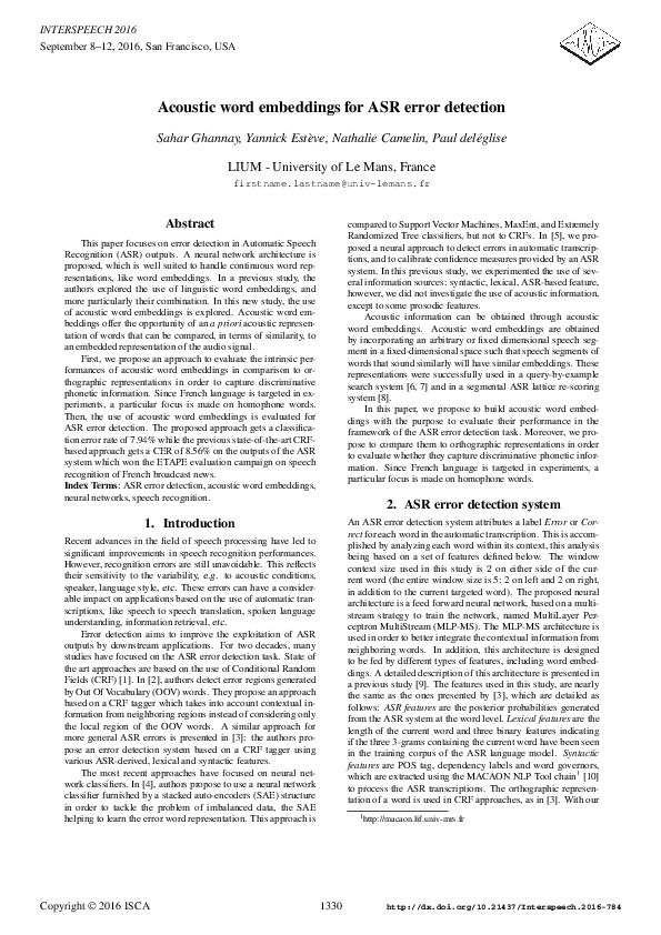 Pdf Acoustic Word Embeddings For Asr Error Detection