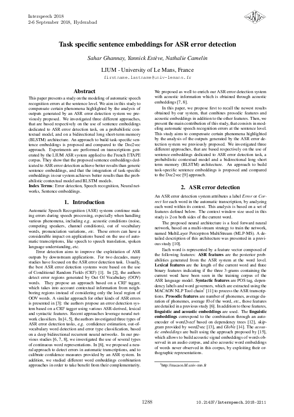 Pdf Task Specific Sentence Embeddings For Asr Error Detection