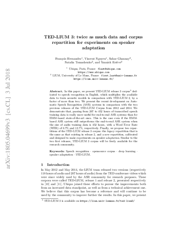 (PDF) TED-LIUM 3: Twice as Much Data and Corpus Repartition for Experiments on Speaker Adaptation
