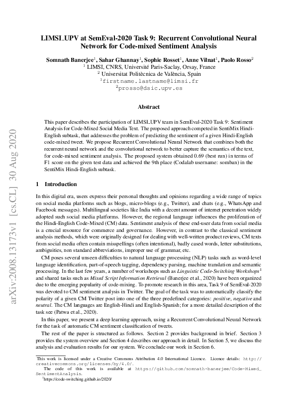 Pdf Limsiupv At Semeval 2020 Task 9 Recurrent Convolutional Neural Network For Code Mixed