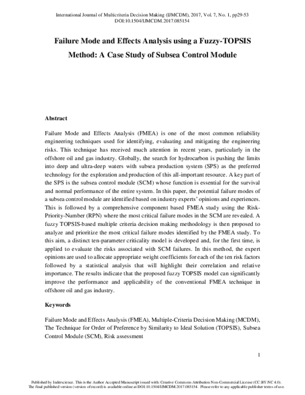 (PDF) Failure mode and effects analysis using a fuzzy-TOPSIS method: a case study of subsea ...