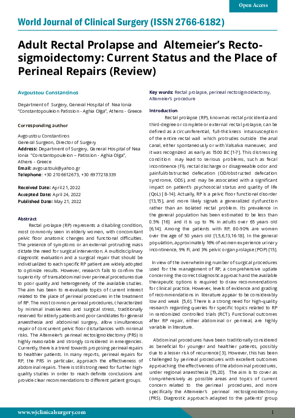 (PDF) Adult Rectal Prolapse and Altemeier's Rectosigmoidectomy: Current ...