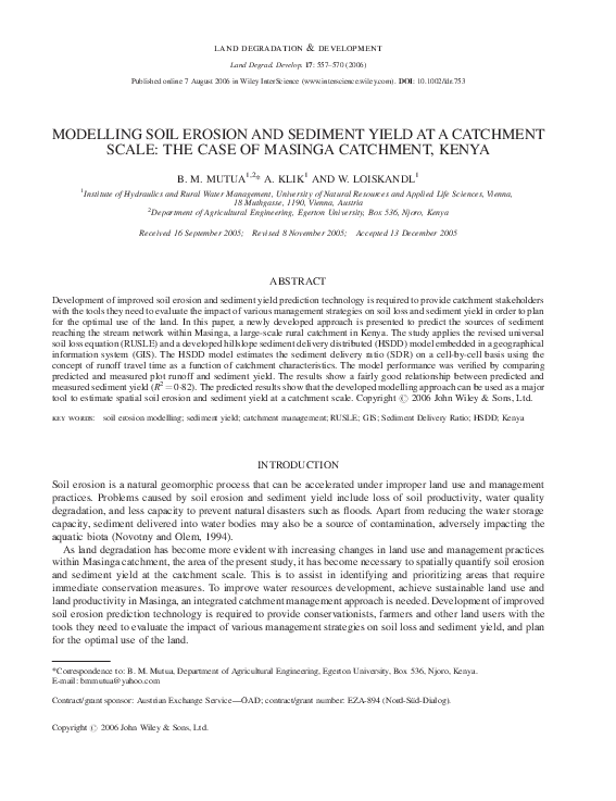 (PDF) Modelling soil erosion and sediment yield at a catchment scale: the case of Masinga ...