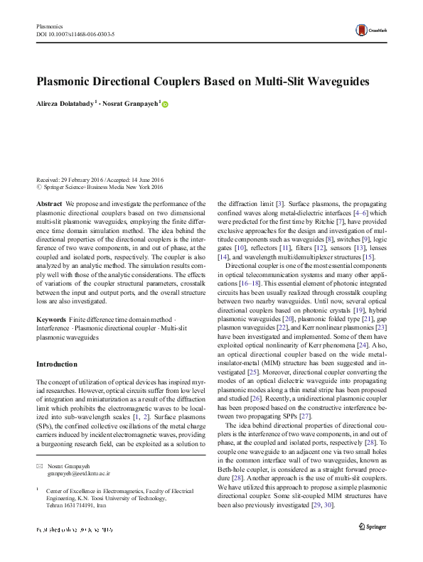(PDF) Plasmonic Directional Couplers Based on Multi-Slit Waveguides