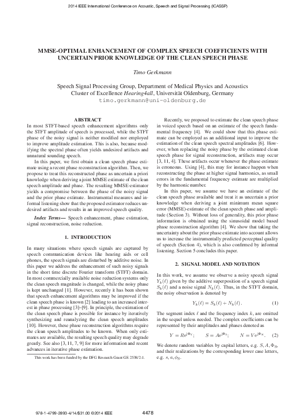 (PDF) MMSE-optimal enhancement of complex speech coefficients with uncertain prior knowledge of ...