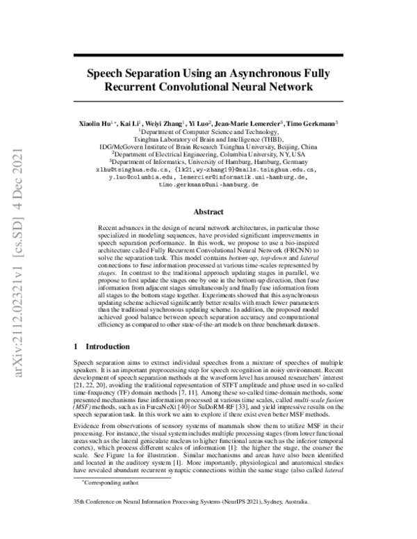 (PDF) Speech Separation Using an Asynchronous Fully Recurrent Convolutional Neural Network