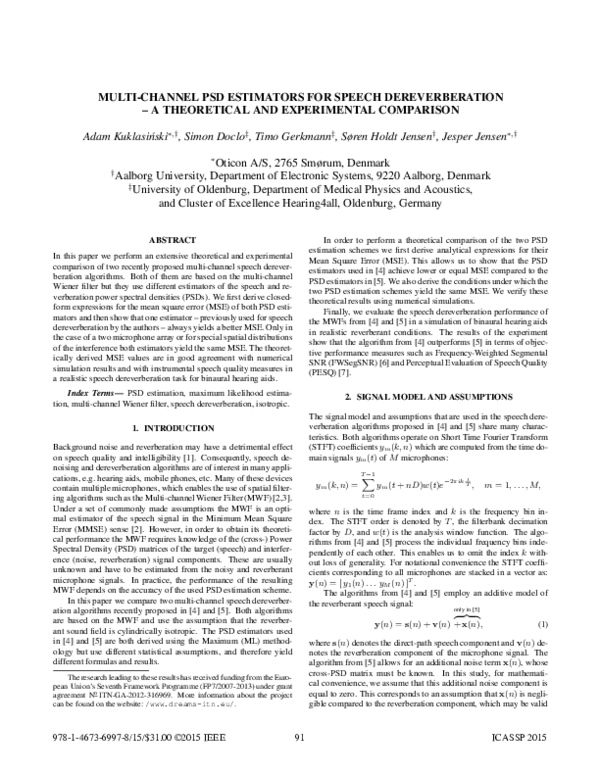 (PDF) Multi-channel PSD estimators for speech dereverberation - A theoretical and experimental ...