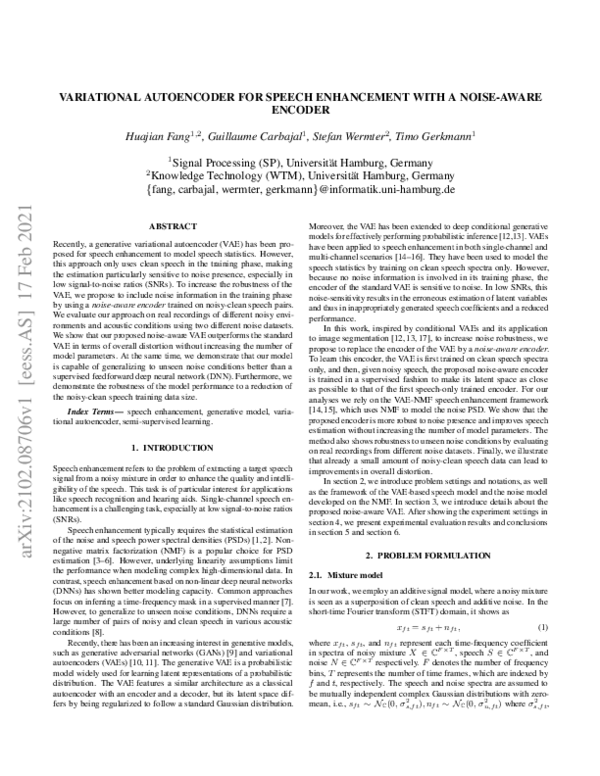 Pdf Variational Autoencoder For Speech Enhancement With A Noise Aware Encoder