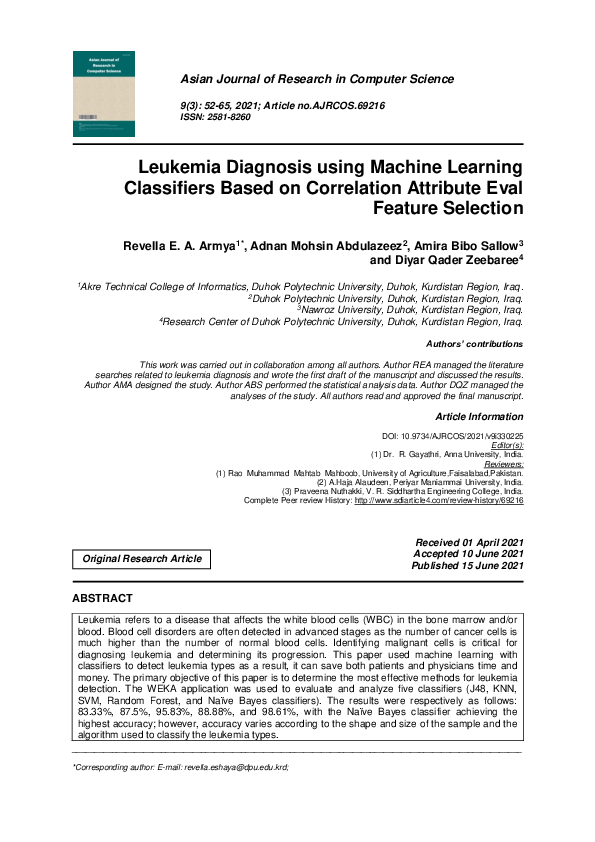 Pdf Leukemia Diagnosis Using Machine Learning Classifiers Based On Correlation Attribute Eval