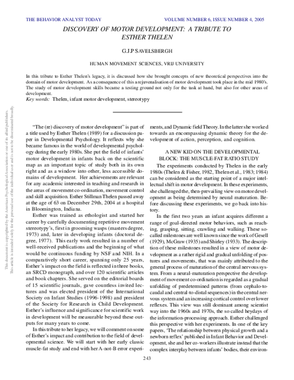 (PDF) Discovery of motor development: A tribute to Esther Thelen
