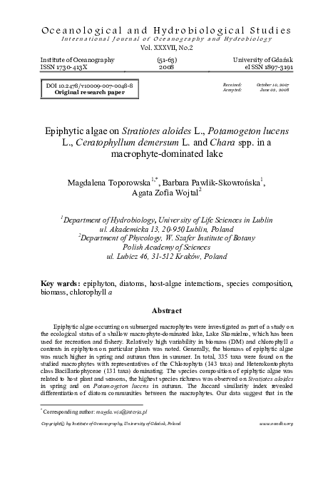 (PDF) Epiphytic algae on Stratiotes aloides L., Potamogeton lucens L ...