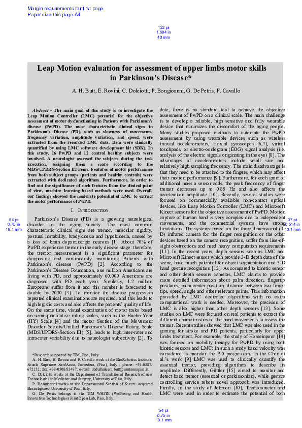 (PDF) Leap motion evaluation for assessment of upper limb motor skills in Parkinson's disease