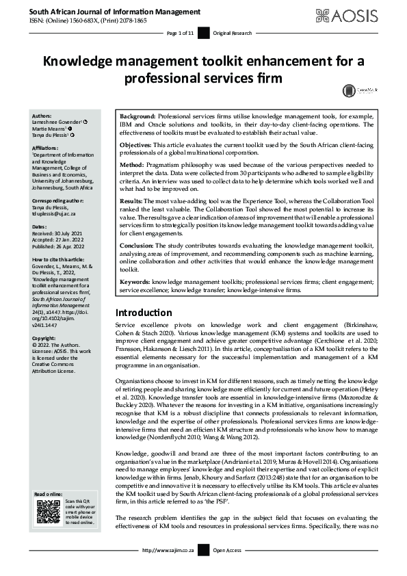 (PDF) Knowledge management toolkit enhancement for a professional ...