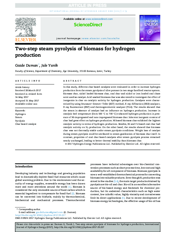 (PDF) Two-step steam pyrolysis of biomass for hydrogen production