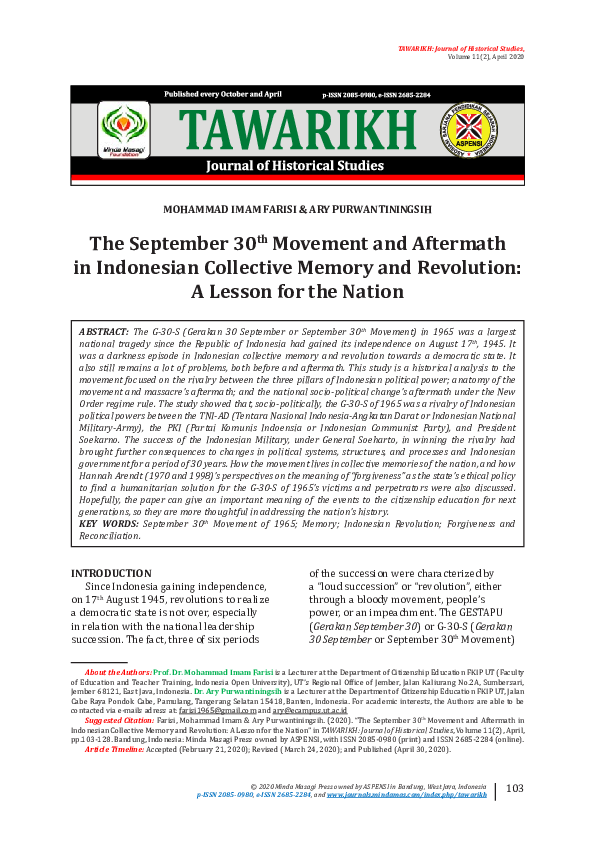 (PDF) The September 30th Movement and Aftermath in Indonesian ...