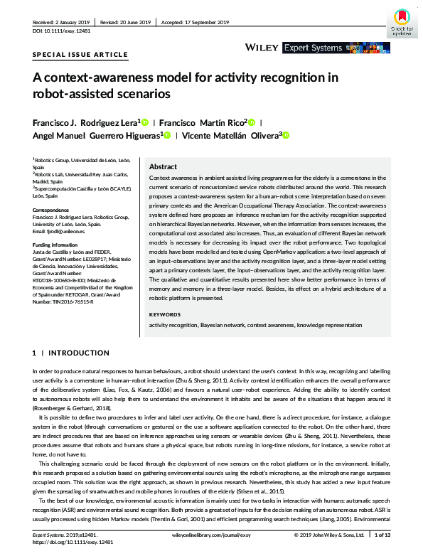 (PDF) A context‐awareness model for activity recognition in robot‐assisted scenarios