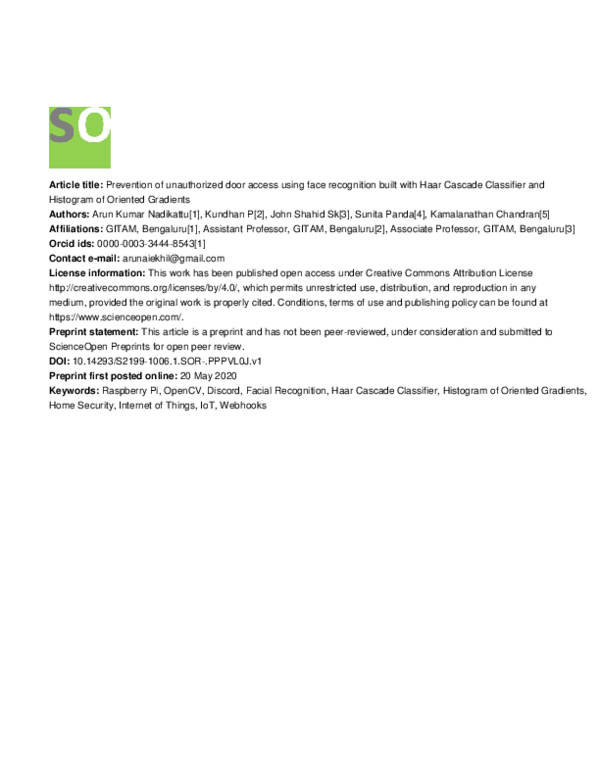 Pdf Prevention Of Unauthorized Door Access Using Face Recognition