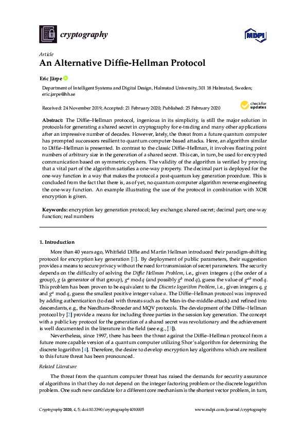 (PDF) An Alternative Diffie-Hellman Protocol