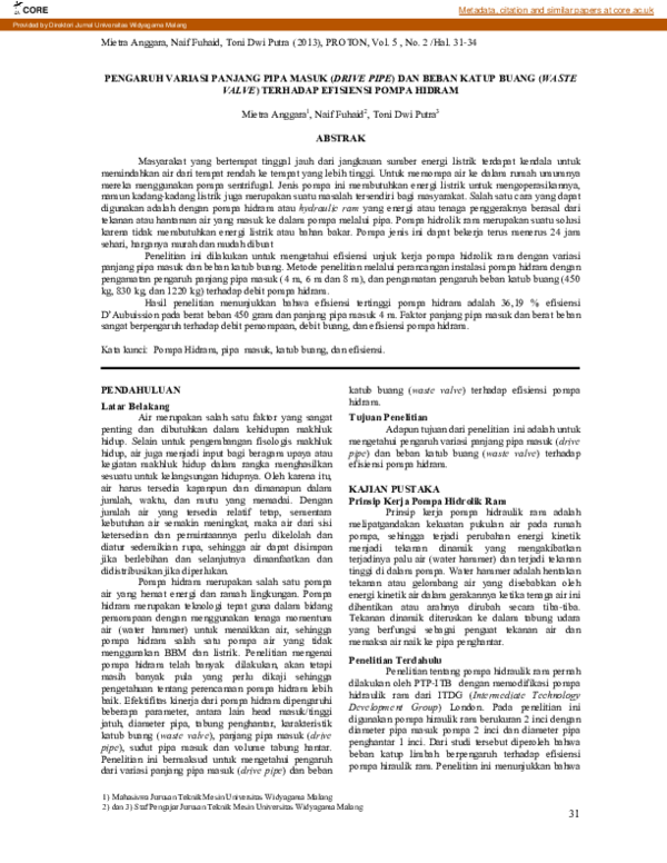 (PDF) Pengaruh Variasi Panjang Pipa Masuk ( Drive Pipe ) Dan Beban Katup Buang ( Waste Valve ...