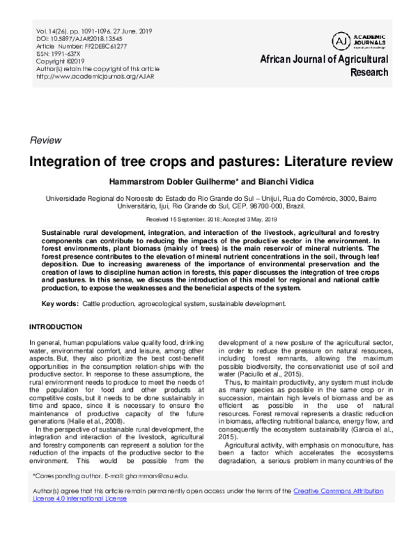 (PDF) Integration of tree crops and pastures: Literature review