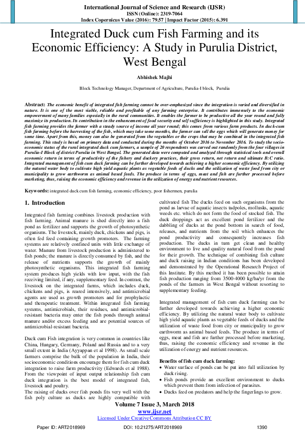 (PDF) Integrated Duck cum Fish Farming and its Economic Efficiency: A ...