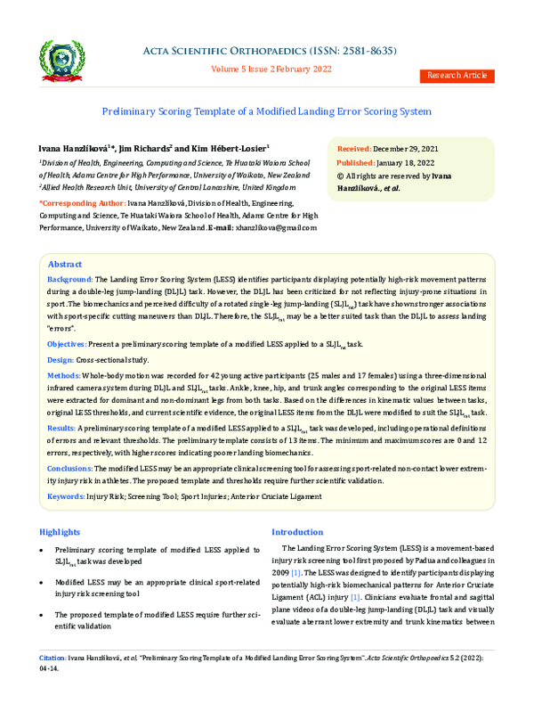 (PDF) Preliminary Scoring Template of a Modified Landing Error Scoring System